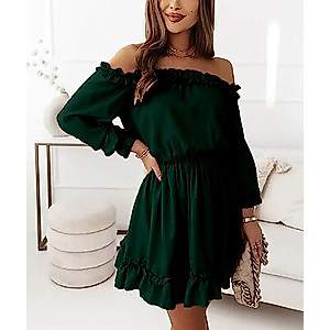 Dokotoo Womens Spring Fashion Long Sleeve Ruffle Off Shoulder Wedding Guest Dresses for Women Elastic Waist A Line Summer Casual Mini Dress Cute Flowy Sexy Party Clothing Green Large