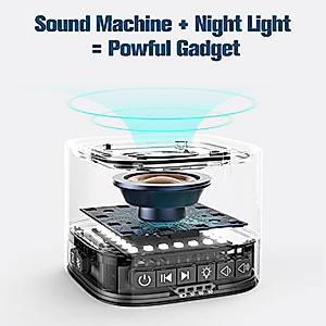 Buffbee Sound Machine with Night Light, 20 Soothing Sleep Sounds, Customizable Glow Lights with 10 Colors, Battery or AC Adapter Powered, Non-Looping White Noise for Kids, Adults and Baby