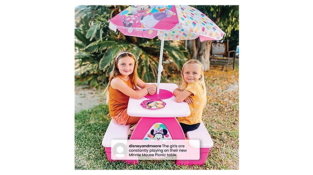 Kids Picnic Table with Umbrella & LEGO-Compat Minnie Mouse Playset