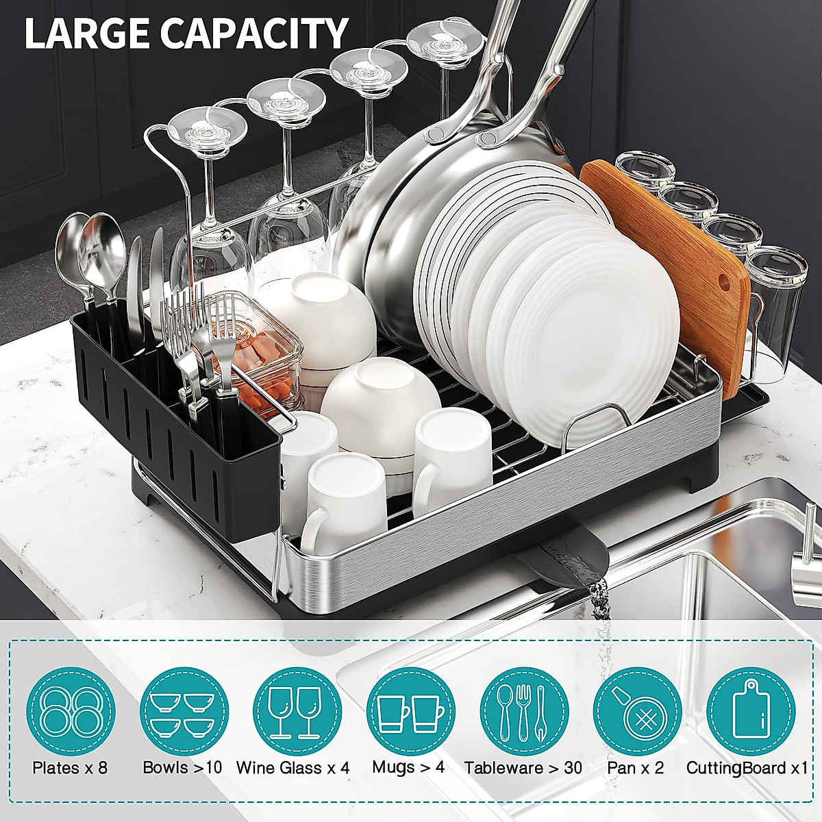 Urackify Dish Drying Rack for Kitchen Counter, 304 Stainless Steel Dish Rack, Multi-Function Dish Drainer with Wine Glass Holder, Large Dish Strainer with Cup Holder, Cutlery Holder, Large Size