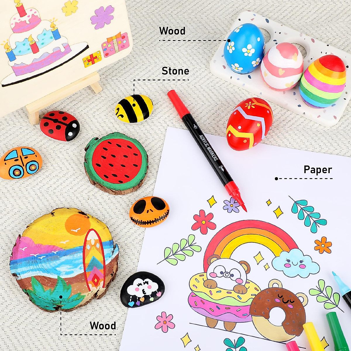 Pagather 48 Colors Acrylic Paint Markers, Dual Tip with Fine Tip and Brush Tip Pens for Stone, Wood, Calligraphy, Canvas, Ceramic, Metal, Glass, Rock Painting, DIY Crafts