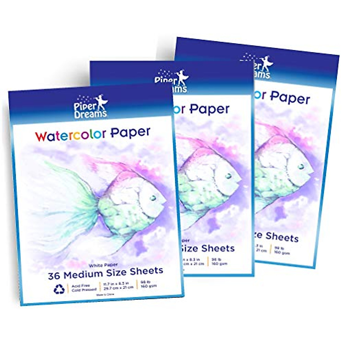 3 Pack - Total of 108 Sheets of Watercolor Paper (11.7" x 8.3") - Heavy Stock (98lb), Loose White Sheets. Perfect for Kids, Students & Adults