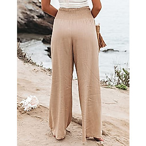 Mingzhu Women's Cotton Linen Loose Fit Palazzo Pants Casual High Waist Stretchy Wide-Leg Trousers with Pockets (0546-Khaki-L)