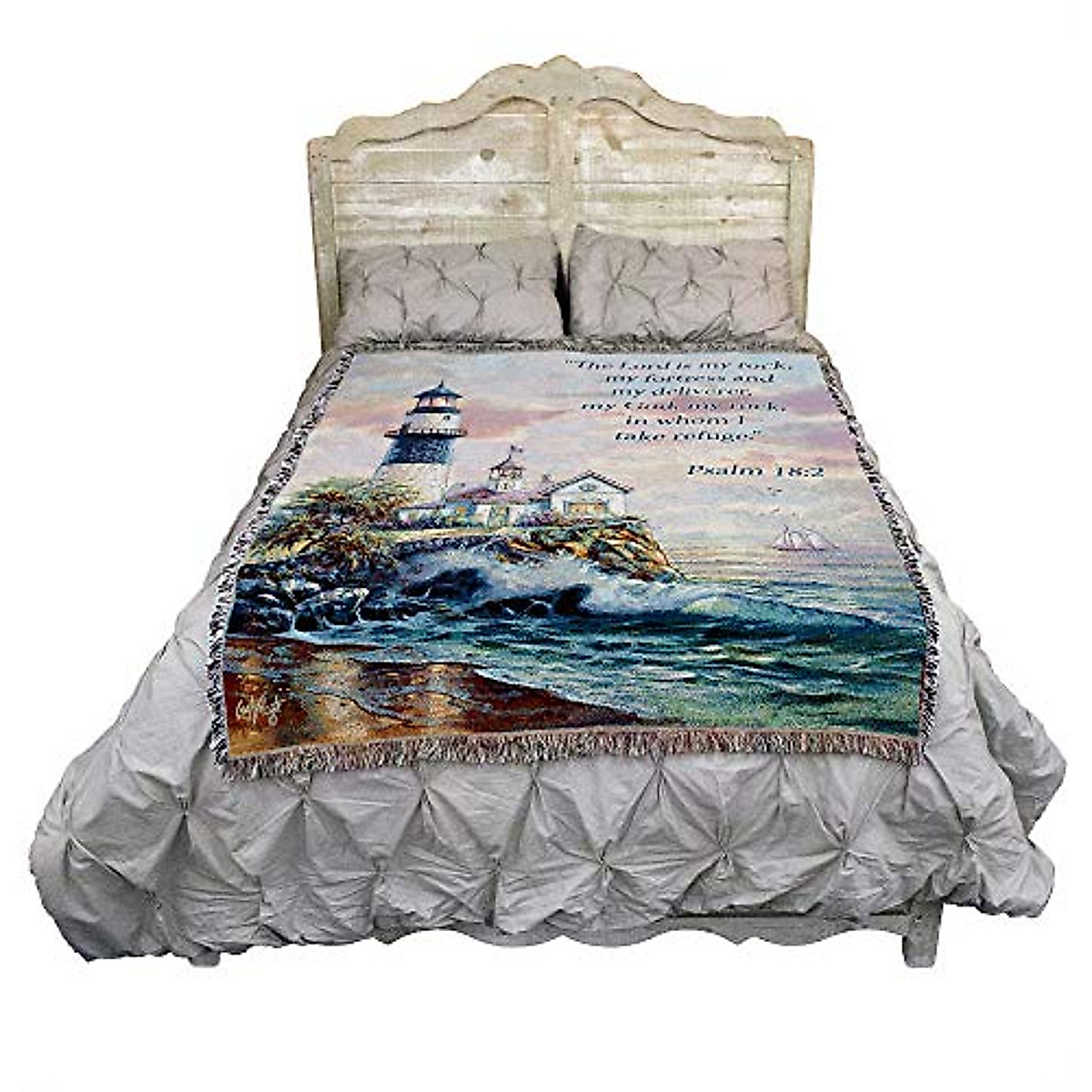Pure Country Weavers Lighthouse Blanket by Carl Valente - The Lord is My Rock and My Fortress - Scriptures -Psalm 18:2 - Religious Gift Tapestry Throw Woven from Cotton - Made in The USA (72x54)