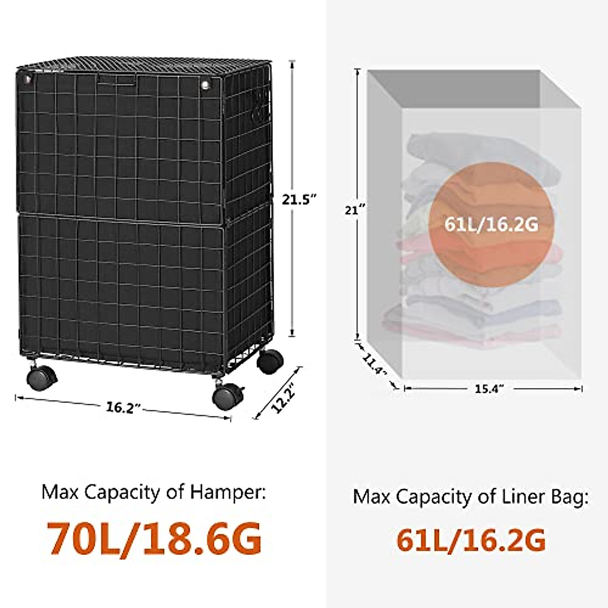 ELYKEN 2 Pack Laundry Hamper with Lid and Wheel, Rolling Metal Wire Frame Dirty Clothes Basket for Small Bathroom, 61L Capacity Liner Bag with Handle, Heavy Duty Steel Cover Bedroom Organizer Black