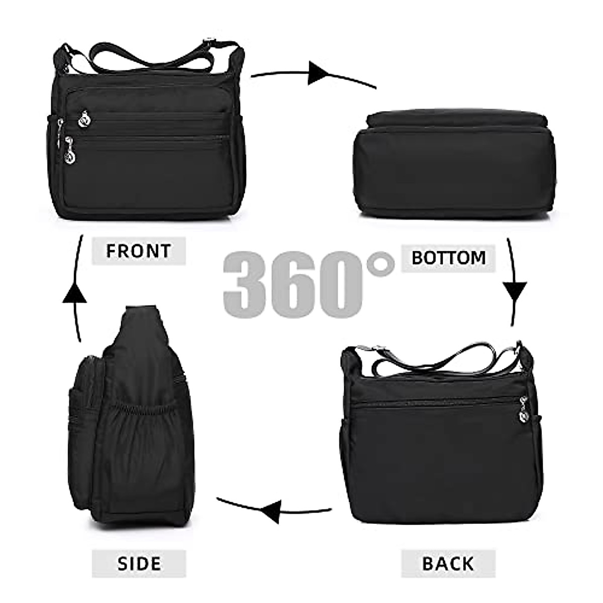 Beejirm Nylon Purses for Women Purse with Pockets and Compartments Purses with Lots of Pockets Multi Pocket Casual Crossbody Bag (Black)