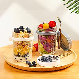Overnight Oats Jars, Overnight Oats Container with Lids and Spoon 10 oz [2 Pack], Airtight Glass Jars with Measurement Marks, Glass Canisters Hold Yogurt, Nuts and Fruit Salad & More