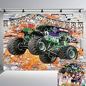 QUEENMO Monster Truck Backdrop Birthday Party Backdrop Racing Cars Grave Digger Checkered Flag Photography Background for Baby Boy Cake Table Decorations Banner Photo Booth Props Supplies