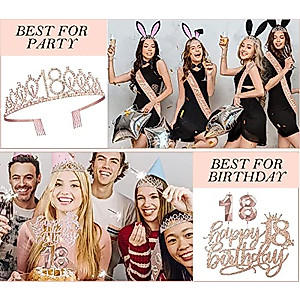 8pcs 18th birthday decorations for girls, Including 18th Happy Birthday Cake Toppers, Birthday Queen Sash with Pearl Pin, Sweet Rhinestone Tiara Crown, Number Candles and Balloons Set, Rose Gold