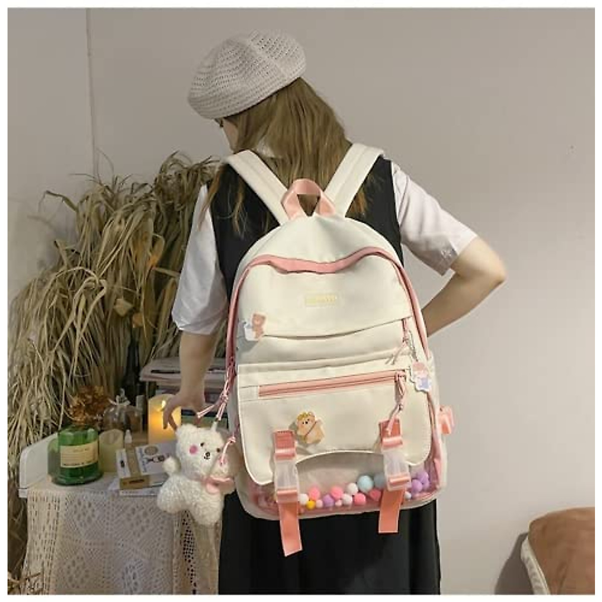 Aoakva Indie Backpack School Japanese Asthetic Backpack INS Travel Bag Large Capacity Kawaii Backpack Prime with Free Plush Bear Pendant (white)
