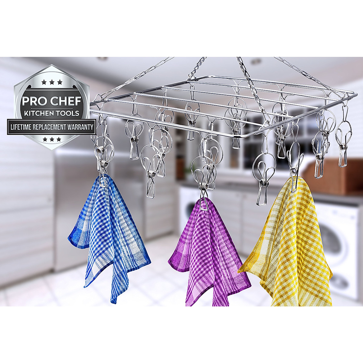 Pro Chef Kitchen Tools Laundry Drying Rack - Rectangle Hanging Clothes Dryer with 18 Clothes Pins - Hangers with Clips - Retractable Clothesline - Mitten Drying Rack - Indoor Outdoor Laundry Hanger