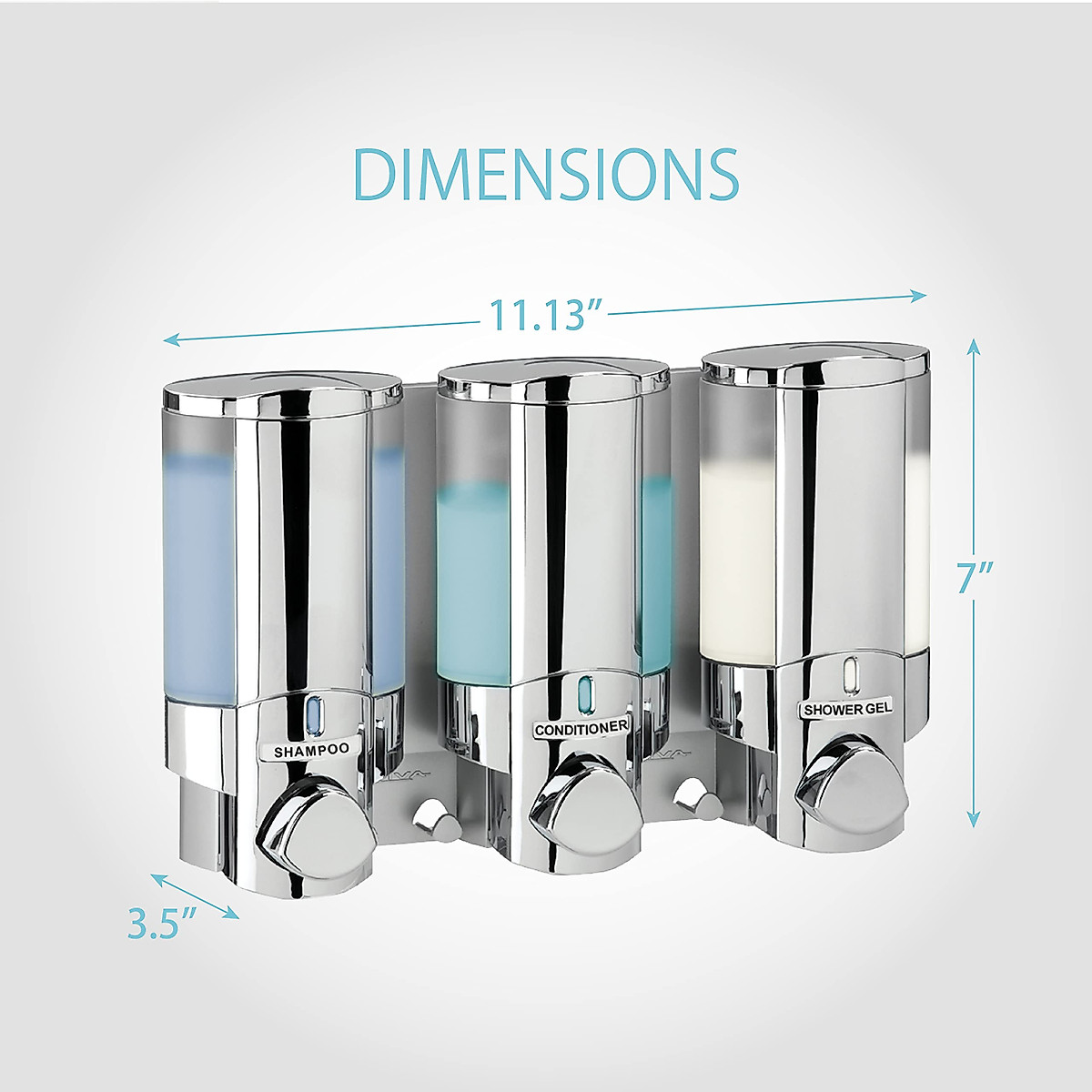 Better Living Products Aviva Shower Dispenser 3, Shampoo and Soap Dispenser, 3 x 11 fl. oz. Chrome, 11.2 x 3.5" x 7"