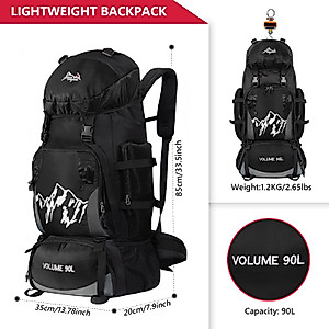 90L Hiking Backpack, Camping Travel Backpack with Rain Cover Lightweight Travel Daypack for Climbing Camping Touring (Black)
