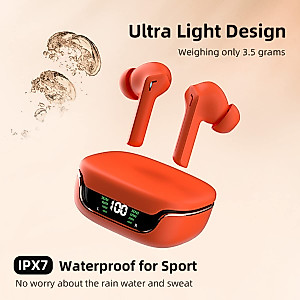 IDOERLEETEK Bluetooth Headphones Bluetooth Earbuds V5.3 Ture Wireless Earbuds, IPX7 Waterproof, 35 Hours Long Playtime Compatible with iPhone and Android (Orange)