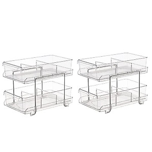 2-Tier Clear Organizer with Sliding Storage Drawers, Baskets, with Handles and Dividers for Kitchen, Closet, Kitchen Pantry Medicine Cabniet Storage Bins Bathroom, and Office, BPA Free (2 Pack)