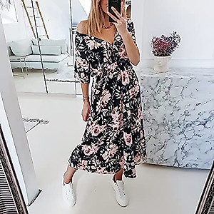 WYTong Women Boho Dresses Short Sleeve Deep V-Neck Casual Dress Pleated Waist Maxi Dress With Belt(Navy,Small)