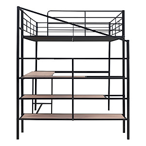 FANYHOME Full Size Metal Loft Bed with Desk and Metal Grid, Stylish Metal Frame Bed with Lateral Storage Ladder and Wardrobe loft Bed Twin Size with Desk (Black)