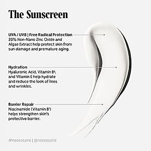 Nécessaire The Mineral Sunscreen SPF 30 PA+++. For The Body. Broad Spectrum. Zinc Oxide, Hyaluronic Acid, Niacinamide. Hydrate. Protect Against Sun Damage + Premature Aging. Dermatologist-Tested. 150 ml / 5.1 fl oz