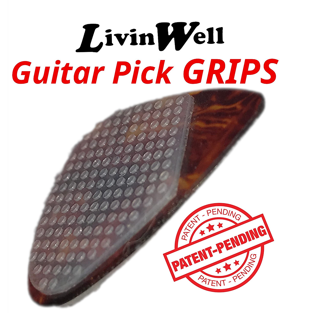 LivinWell Guitar Pick Grips (16 pcs) Soft Grippy non-Sticky Reusable Trimmable Silicone Rubber (ORIGINAL thicker 0.8 mm)