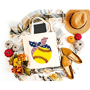 GXVUIS Softball Canvas Tote Bag for Women American Flag Bandana Reusable Travel Grocery Shoulder Shopping Bags Funny Gifts White