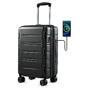 LUGGEX 20 Inch Black Carry On Luggage 22x14x9 Airline Approved, PC Hard Shell Suitcase with USB Port, Expandable and Lightweight