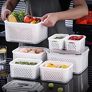 5 PCS Large Fruit Containers for Fridge - Stackable Airtight Food Storage Containers with Removable Colander - Dishwasher & microwave safe Produce Containers Keep Fruits,Berry, Vegetables, Fresh longe