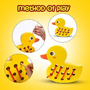 Skrtuan Wooden Lacing Duck Threading Toys Wood Block Puzzle Car Airplane Travel Game Montessori Early Development Fine Motor Skills Educational Gift for 1 2 3 Years Old Toddlers Baby Kids