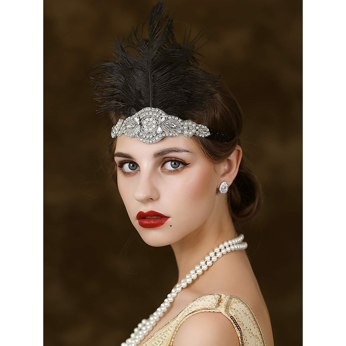 SWEETV 1920s Headpiece Flapper Headband, Rhinestone Feather Great Gatsby Headpiece Hair Accessories for Women (Black)
