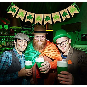 CAVLA Glittery Shamrock Burlap Banner St. Patrick's Day Green Shamrock Clover Banner Garland with Bows Saint Patrick's Day Party Decorations for Irish Lucky Day St. Patty’s Day Home Outdoor Decor