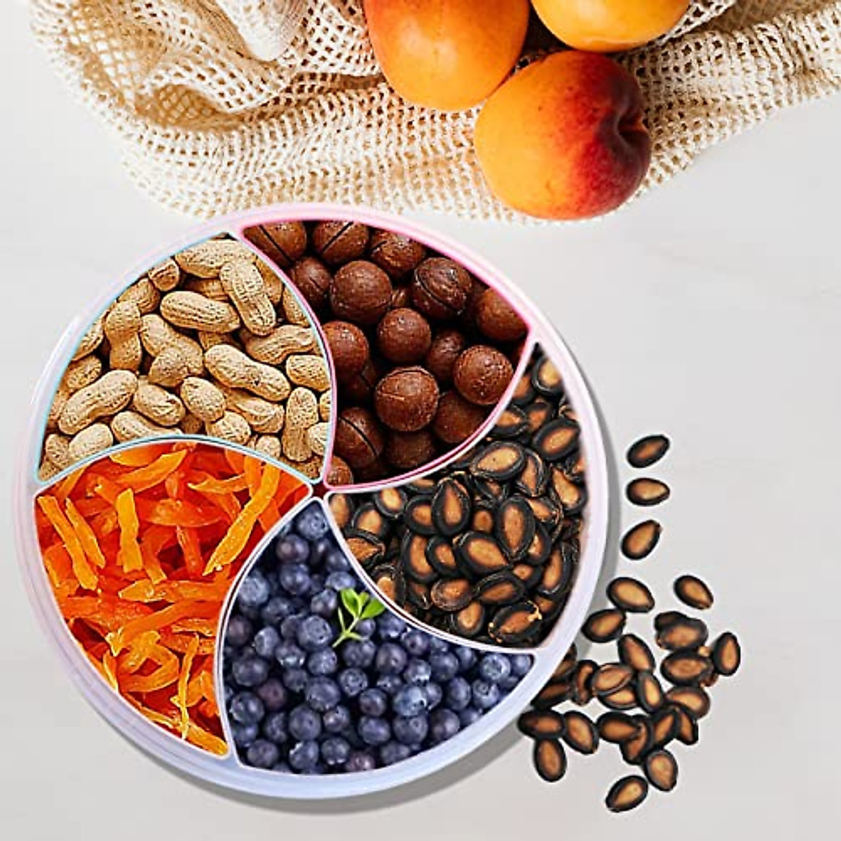 Round Divided Serving Tray Platter with Lid & Handle Storage Container, 5 Colorful Compartment Box Clear Organizer, Compartment Party Platter for Candy, Appetizer, Snack, Fruit, Nuts, Veggie, Parties