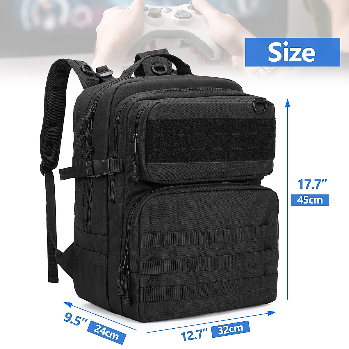 PGmoon Tactical Game Backpack Compatible with PS5/PS5 Slim/PS5 Pro/PS4 Console, Travel Carrying Case Storage Bag for 15.6" Laptop, Portable Monitor, Controller and Other Gaming Accessories