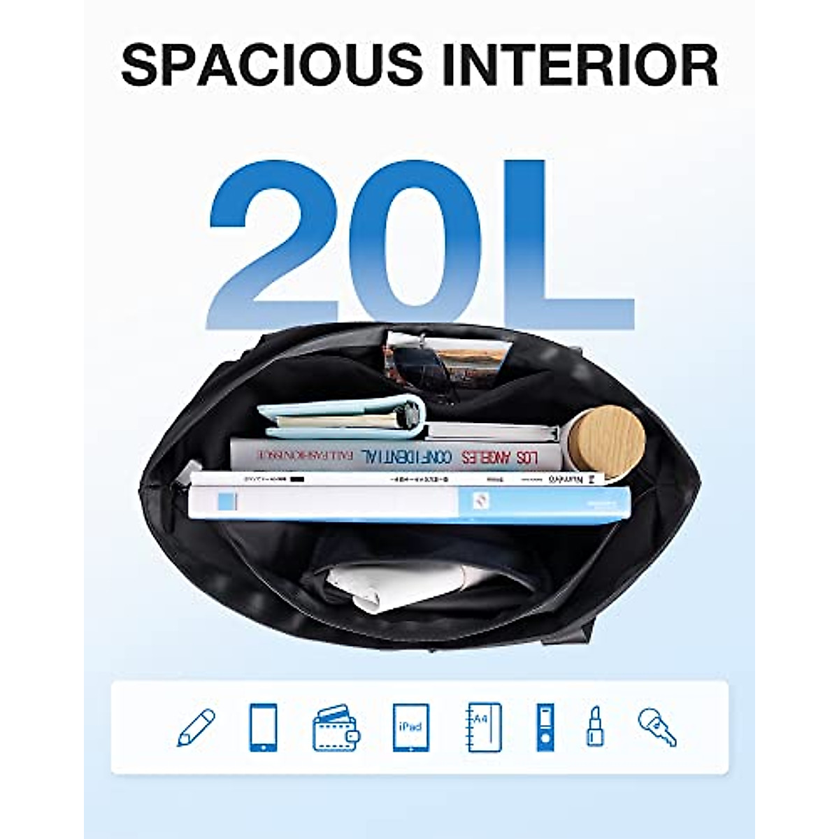 BAGSMART Tote Bag for Women, Foldable Tote Bag With Zipper Large Shoulder Bag Top Handle Handbag for Travel, Work, Shopping, Gym, School, Black