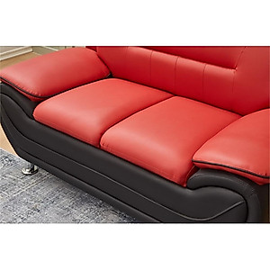 Kingway Furniture Zebra Faux Leather Loveseat with Pillow Armrests in Black/Red