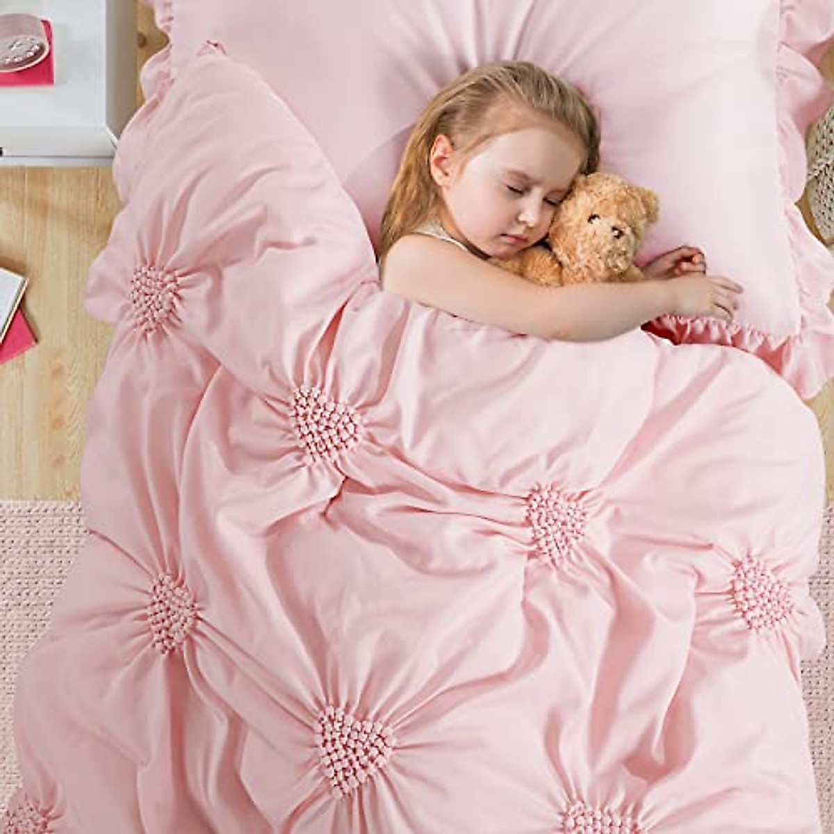 HOMBYS 4 Pieces Pink Princess Toddler Bedding Set for Girls Kids, Ultra Soft Blush Pinch Pleat Comforter Set with Ruffles for All Season