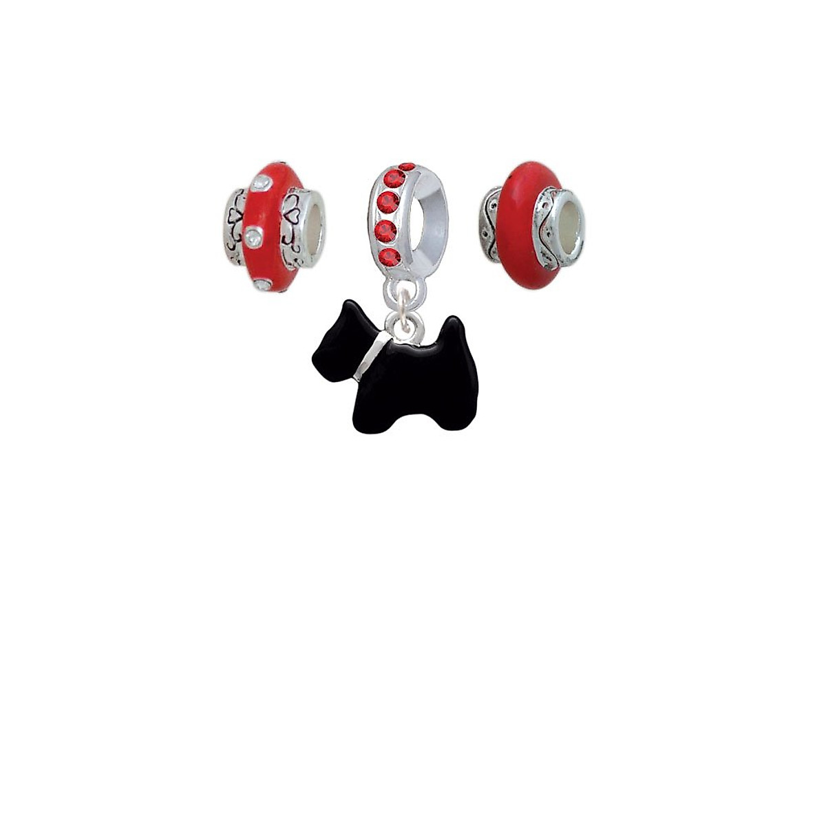 Silvertone Black Scottie Dog Red Charm Beads (Set of 3)