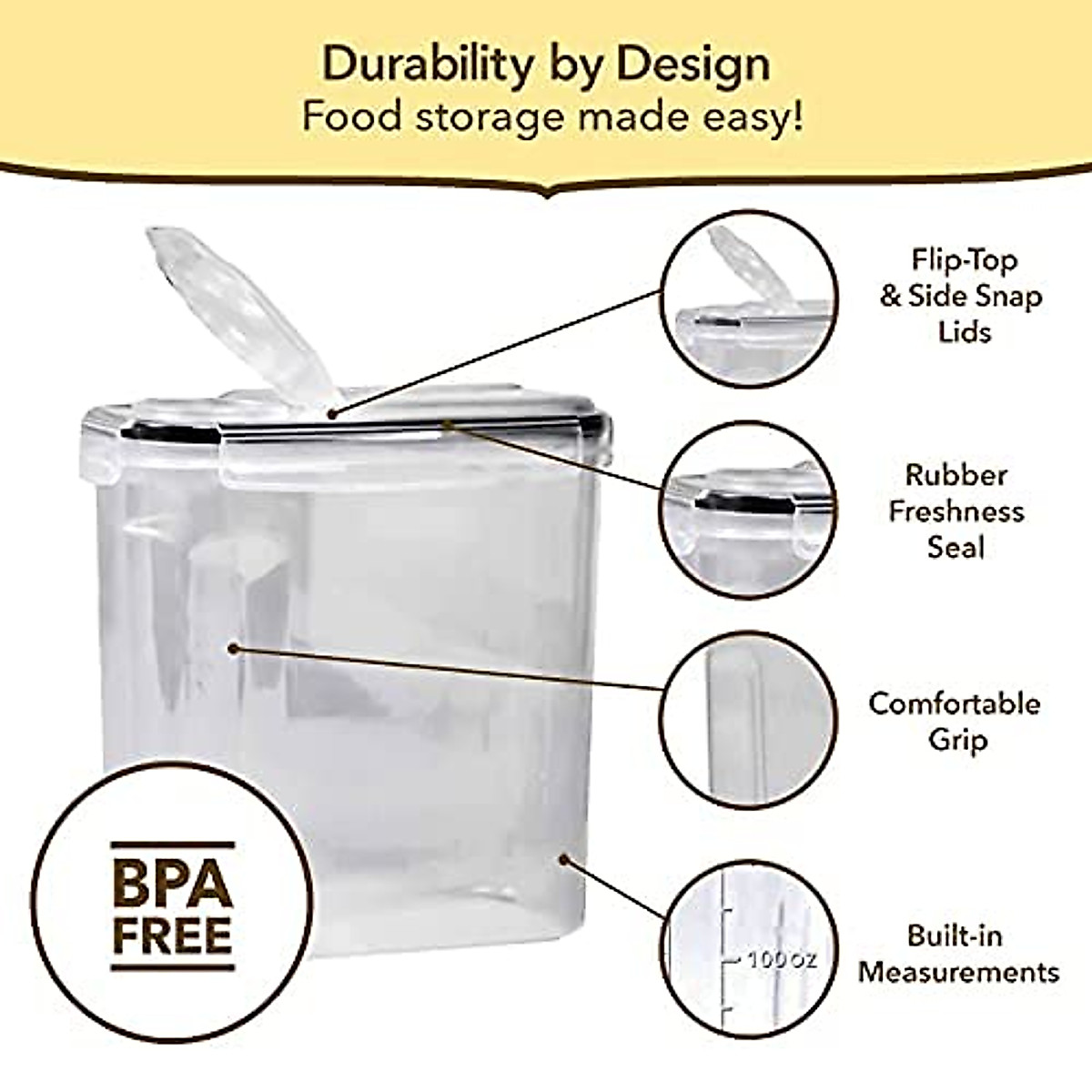 Simply Gourmet Cereal Containers Storage Set - 3 Airtight Dry Food Bins with Lids for Kitchen Pantry