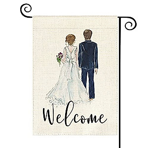 AVOIN colorlife Bride and Groom Wedding Garden Flag Double Sided, Welcome Watercolor Anniversary Party Yard Outdoor Decoration 12 x 18 Inch
