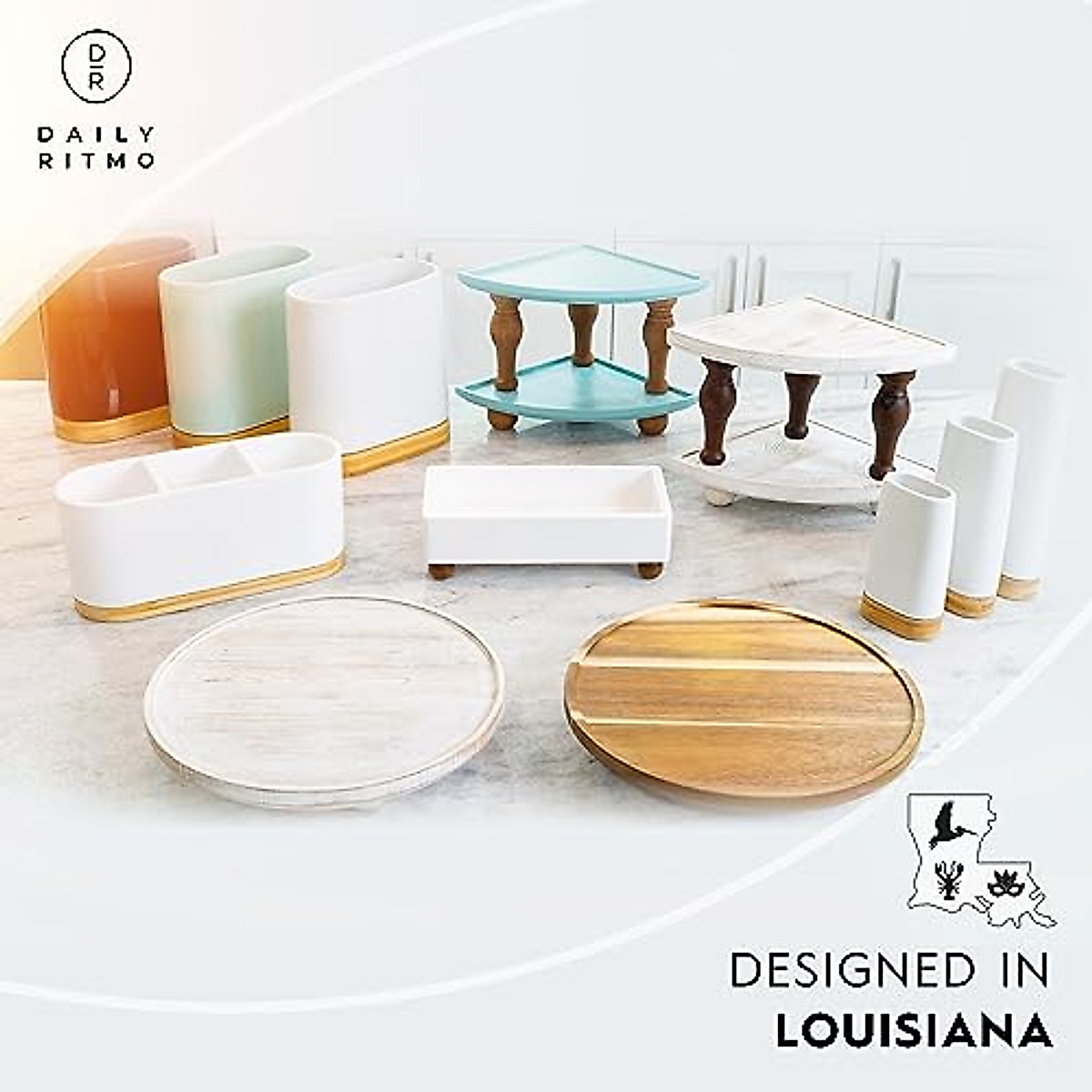 DAILY RITMO Corner Counter Wood Shelf | Stackable Countertop Bathroom Organizer | Farmhouse White Wash Tray Riser Wooden Shelves 2-Pack | Rustic Decorative Pedestal Stand | Triangular Storage Pedestal