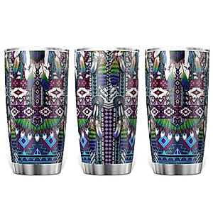 Native American Tumbler With Flip Lid Stainless Steel Coffee Cups Vacuum Insulated Travel Mug for Ice Drink Travel Mug for Office Coffee Cups High-capacity Water Cups (20oz, Native American)