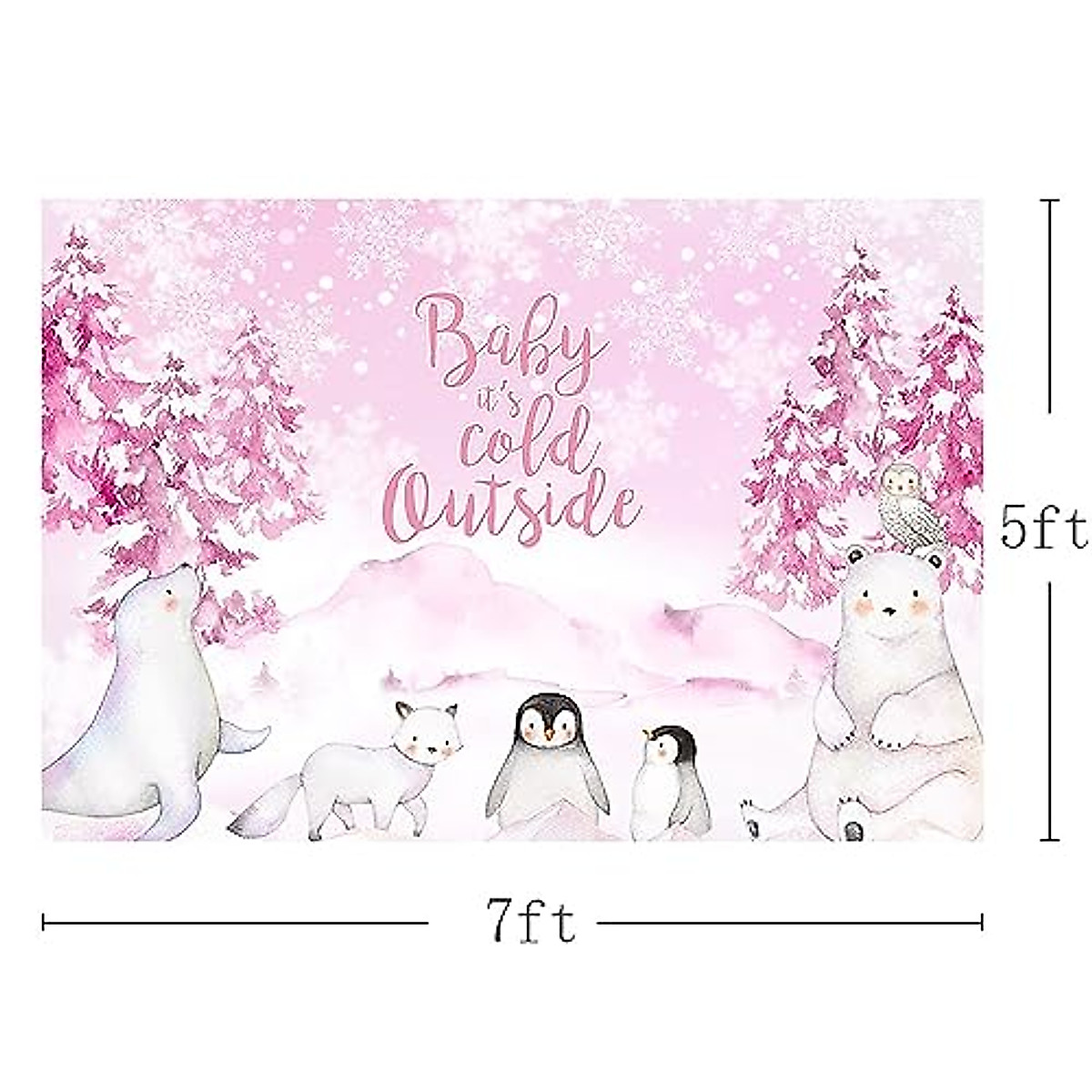 MEHOFOND 7x5ft Winter Baby Shower Backdrop Baby It's Cold Outside Background Pink Watercolor Artic Animals Penguin Baby Shower Party Banner Decorations Photo Booth Props