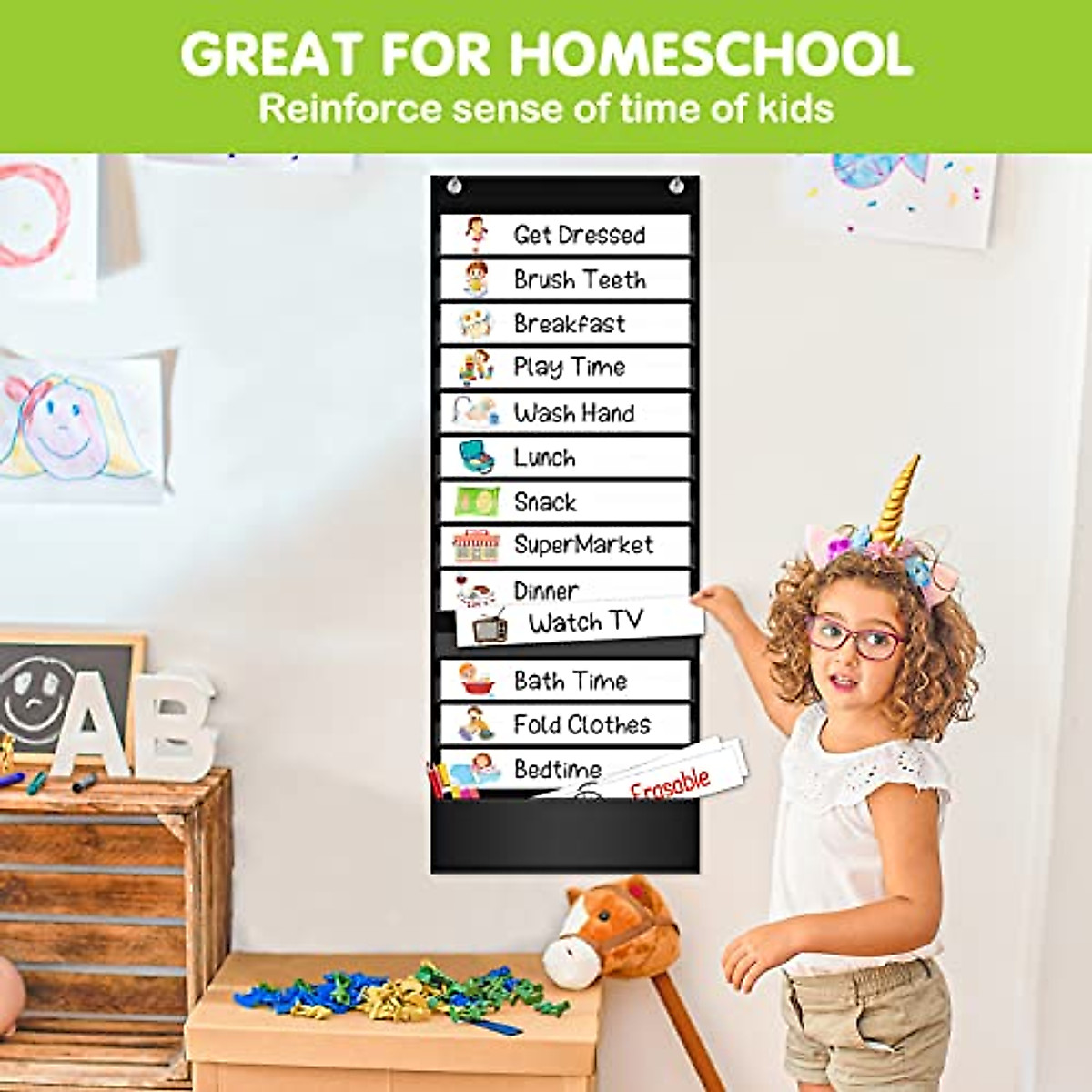 EAMAY Daily Schedule Pocket Charts, Teacher Schedule Chart with Resuable 18 Custom Cards, Classroom Pocket Chart for School Office or Homeschool Activities, Black