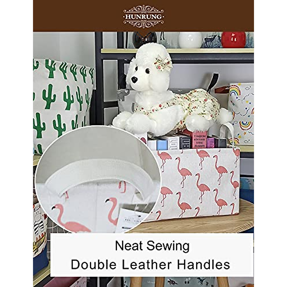 HUNRUNG Rectangle Storage Basket Cute Canvas Organizer Bin for Pet/Children Toys, Books, Clothes Perfect for Rooms/Playroom/Shelves (Flamingo)