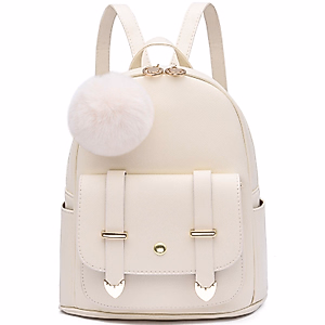 I IHAYNER Girls Fashion Backpack Mini Backpack Purse for Women Teenage Girls Purses PU Leather Pompom Backpack Shoulder Bag White