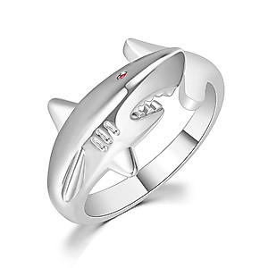NewZenro Shark Red CZ Eye Open Adjustable Statement Wrap Rings For Women Men Sterling Silver Plated Band Finger Animal Personalized Fashion Punk Ring Jewelry Gifts Daughter Birthday