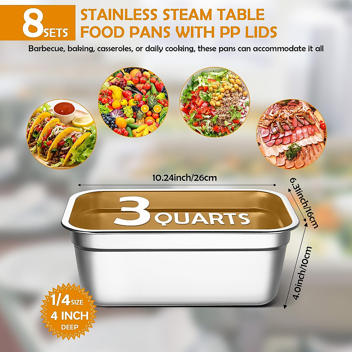 Suttmin 8 Pcs Hotel Pan with PP Plastic Lid Steam Table Pan Stainless Steel Restaurant Pans 1/4 Size Catering Pans Food Prep Pan Restaurant Anti Clogging Steamer for Buffet Hotel(4 Inch Deep)