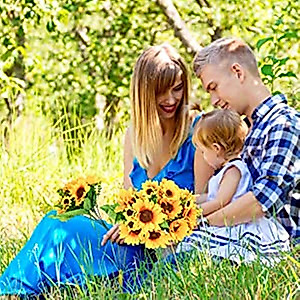 PASYOU Artificial Sunflower Plastic Fake Flowers Sunflowers for Indoor Outdoor Wedding Bridal Bouquet Home Garden Party DIY Wreath Table Arrangement Decoration Pot Planter Filler 2 pcs