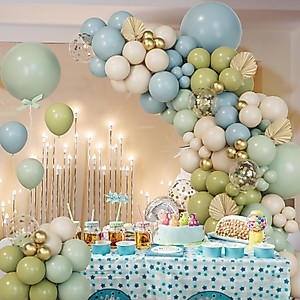 161Pcs Dusty Green and Blue Balloon Garland Arch Kit,Dusty Green Ash Mist Green Haze Fog Blue Sand White Gold Balloons for Birthday Baby Shower Jungle Safari Neutral Wedding Party Decorations
