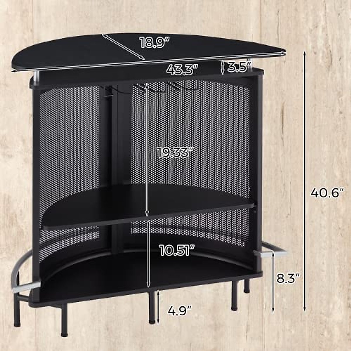 JOMEED Bar Table with Storage, High Top Table with Metal Mesh Front, Goblet Holders and Footrest, Semi Cylindrical Shape Black Liquor Bar for Home