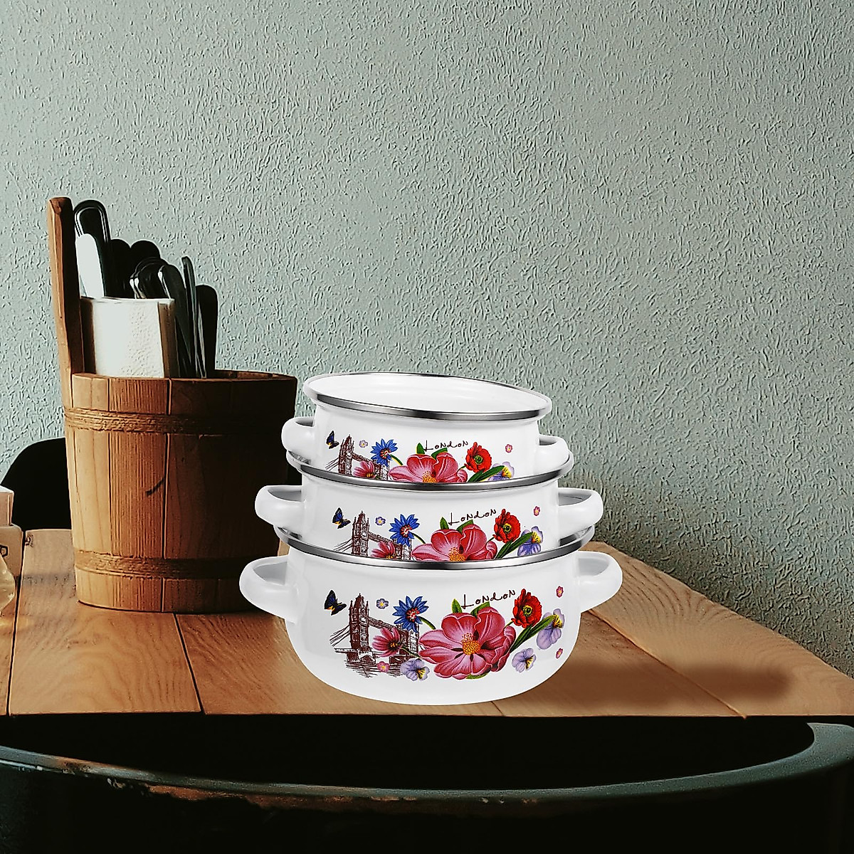 Amosfun Mini Soup Pot Retro Floral Enamelware Pot with Lid - 4.5 Inch 5.5 Inch 8 Inch Assortment Ramen Soup Pot with Handle Ears