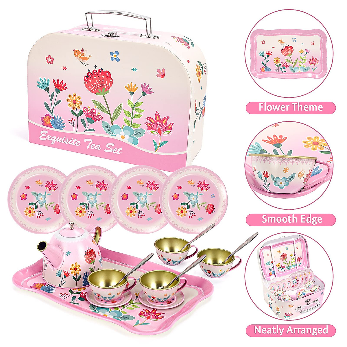 ShyLizard Tea Set for Little Girls, Kids Party Set Toys for 3 Year Old Girls, Princess Tea Set for Girls Gifts, Flower Design Tea Set Toys for Girls, Gifts for 3 4 5 6 Year Old Girls, 43PCS